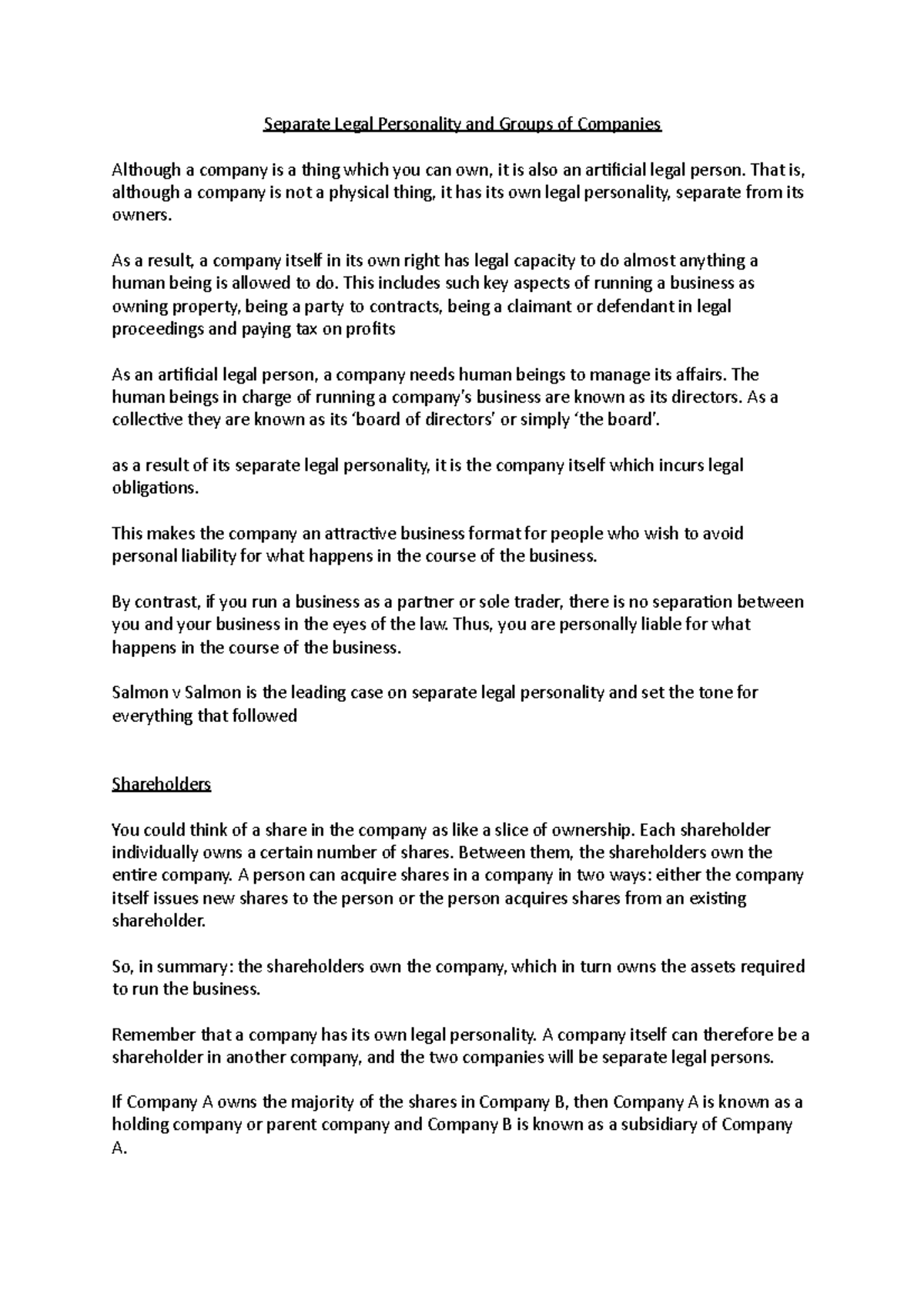 Separate Legal Personality - That is, although a company is not a ...