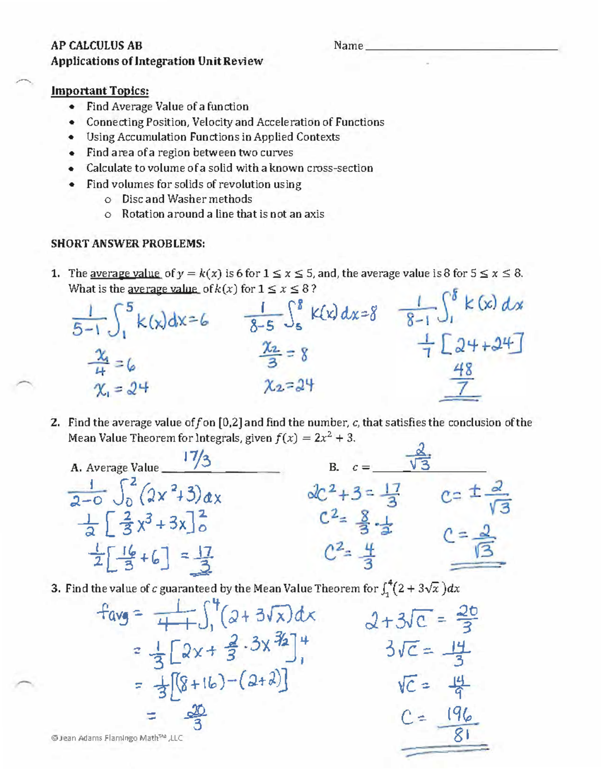 AP CALCULUS AB Unit 8 Test Review: Applications of Integration - Studocu