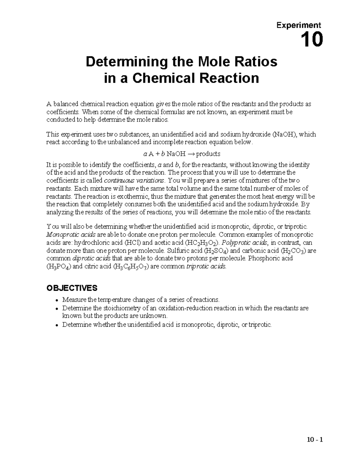 Experiment 10 - Determining Mole Ratios in Chemical Reactions - Studocu