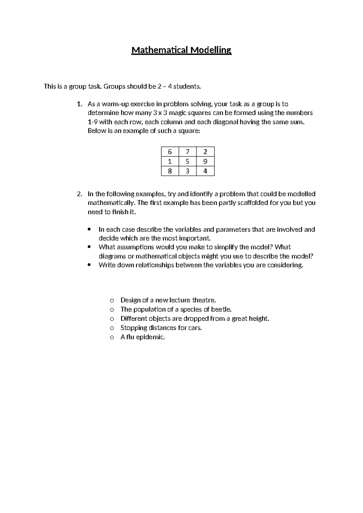 Mathematical Modelling Group Task: Exploring 3x3 Magic Squares - Studocu
