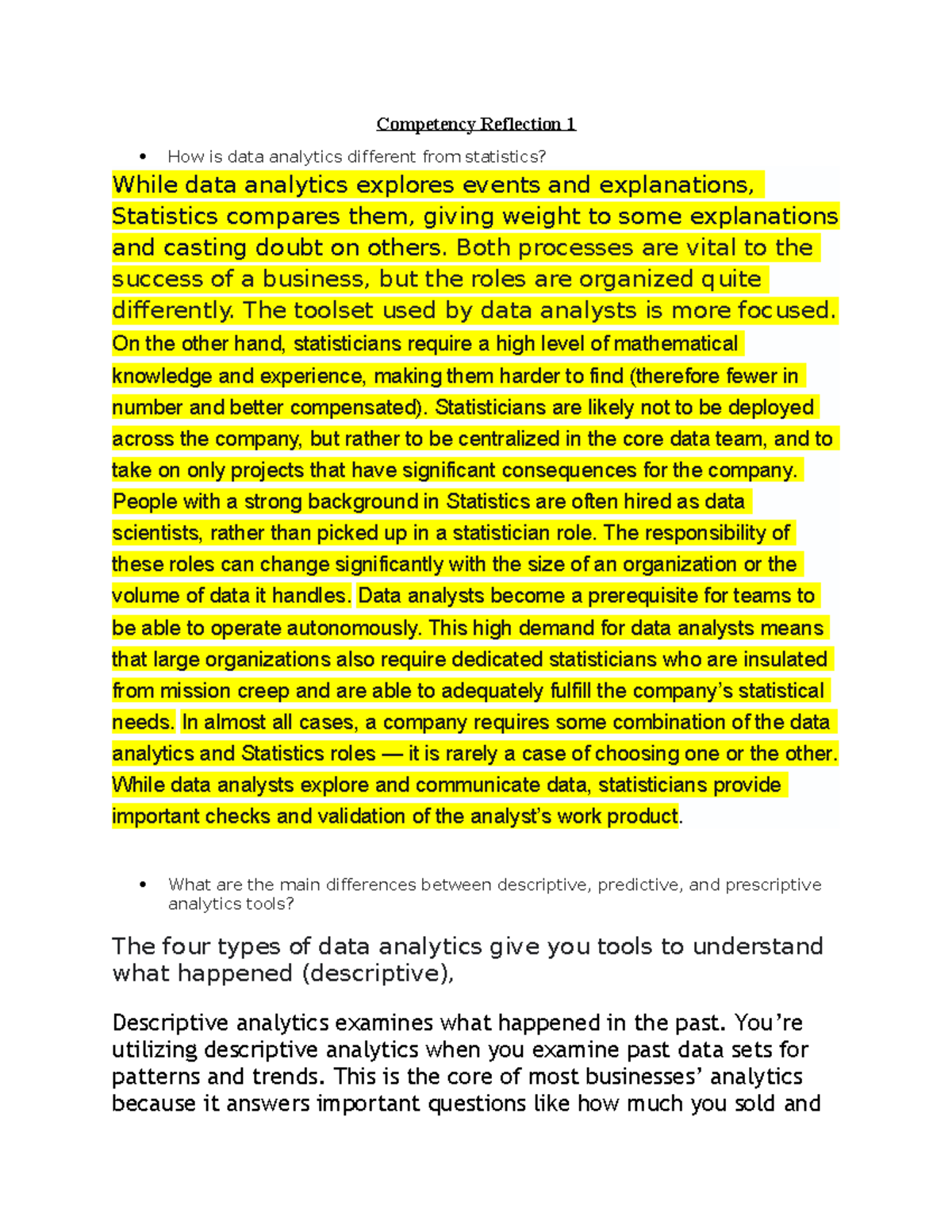 Datcb 565 Competency Reflection 1: Data Analytics vs. Statistics - Studocu