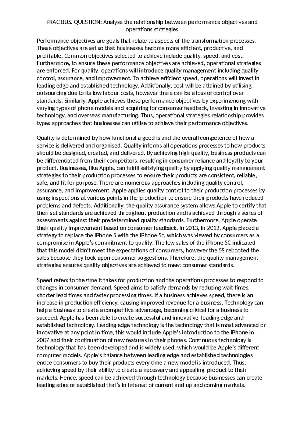 PRAC BUS. Essay: Performance Objectives & Operations Strategies ...