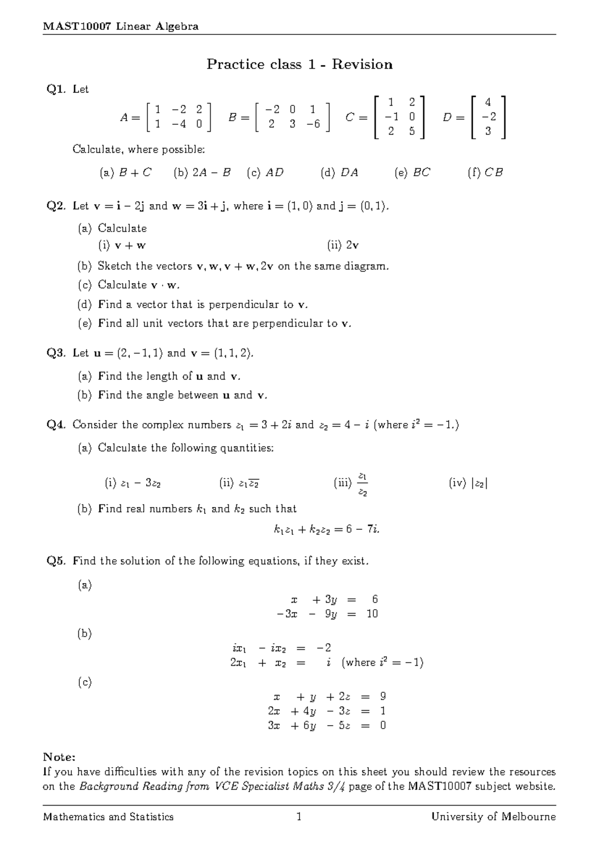 T01 questions-3 - MAST10007 Linear Algebra Practice class 1 - Revision ...