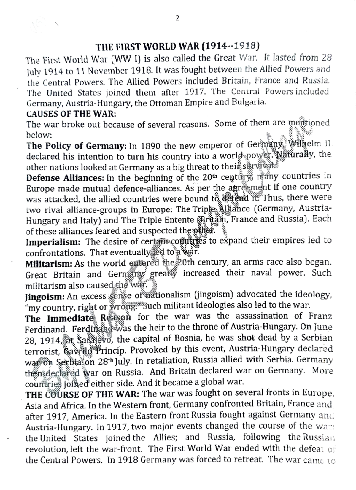 S4 BH - notes - 2 THE FIRST WORLD WAR The First World War (WW I) is ...
