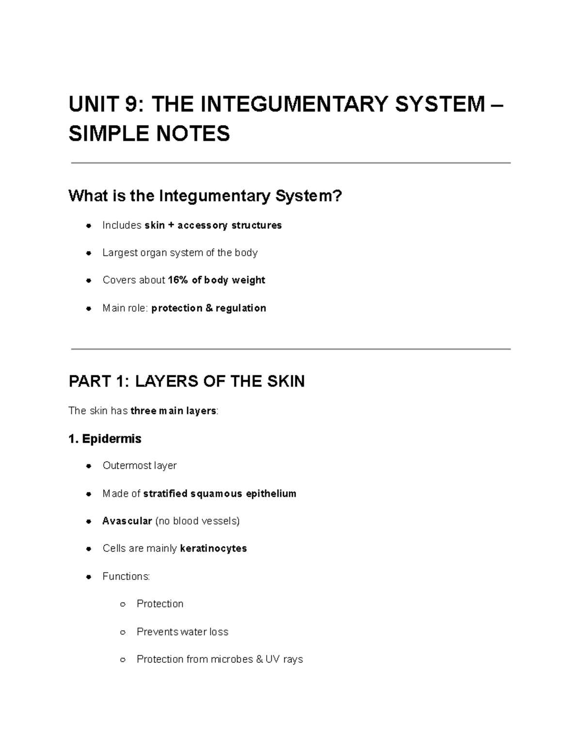 UNIT 9: INTEGUMENTARY SYSTEM - SIMPLE STUDY NOTES - Studocu