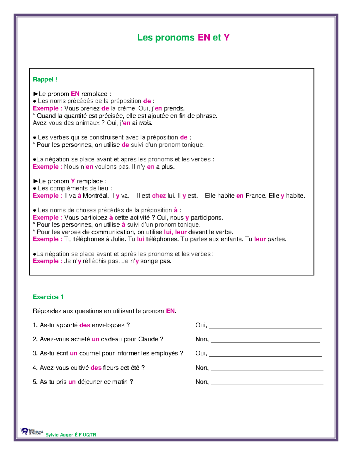 Les pronoms EN et Y : Exercices et corrigés pour le cours de français ...