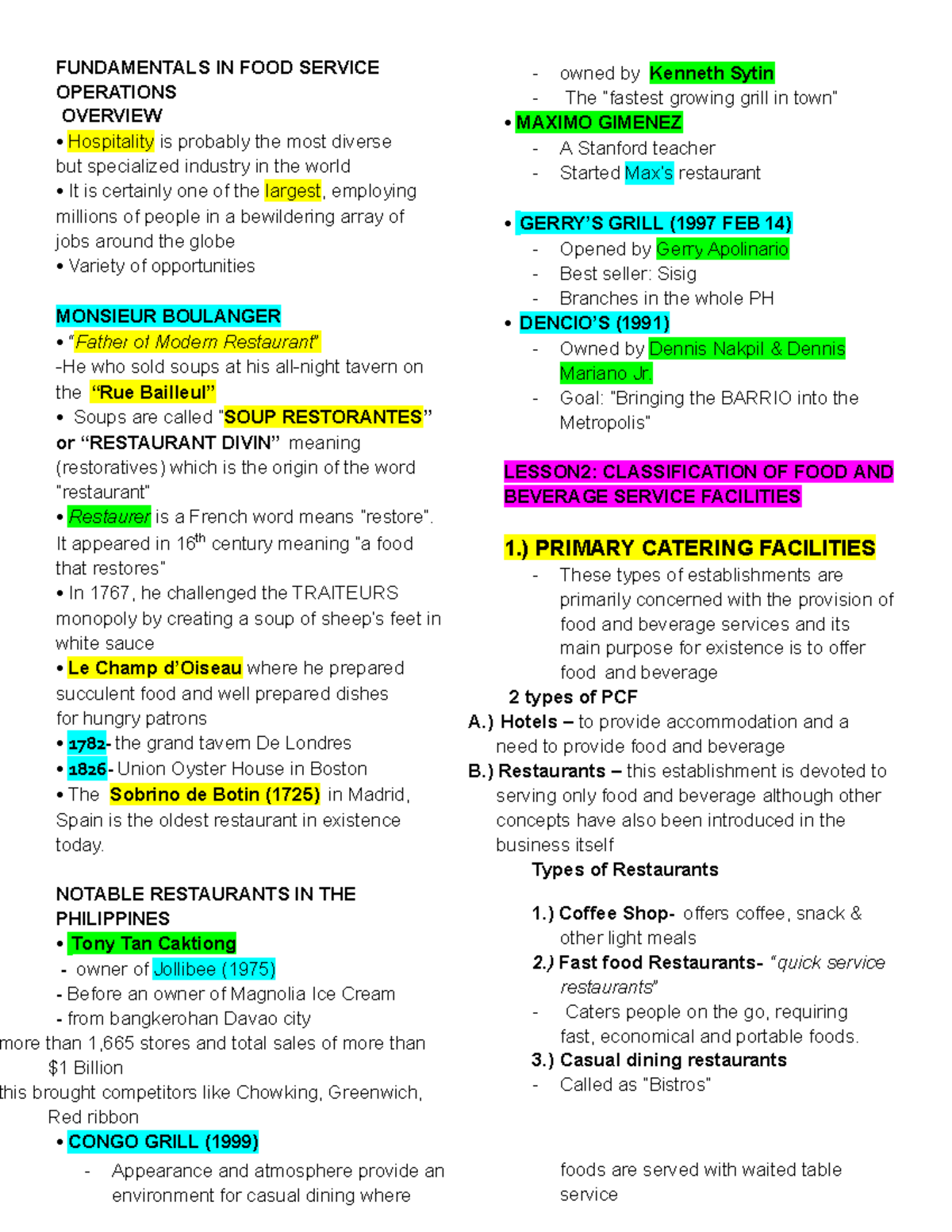 Fundamentals in Food Service Operations (F&B) Study Guide - Studocu
