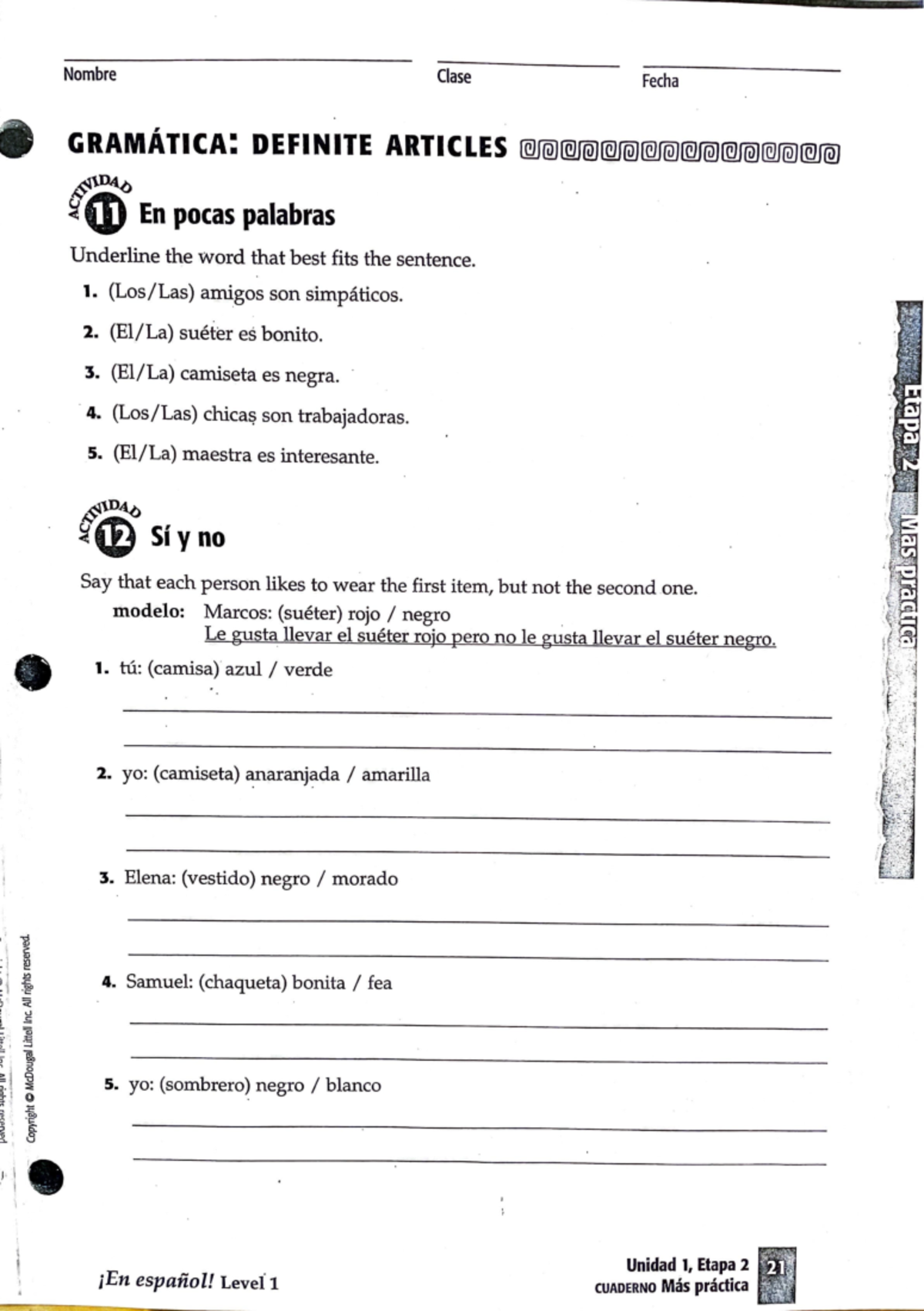 Grammatical Review Notes for Spanish 1: Definite & Indefinite Articles ...