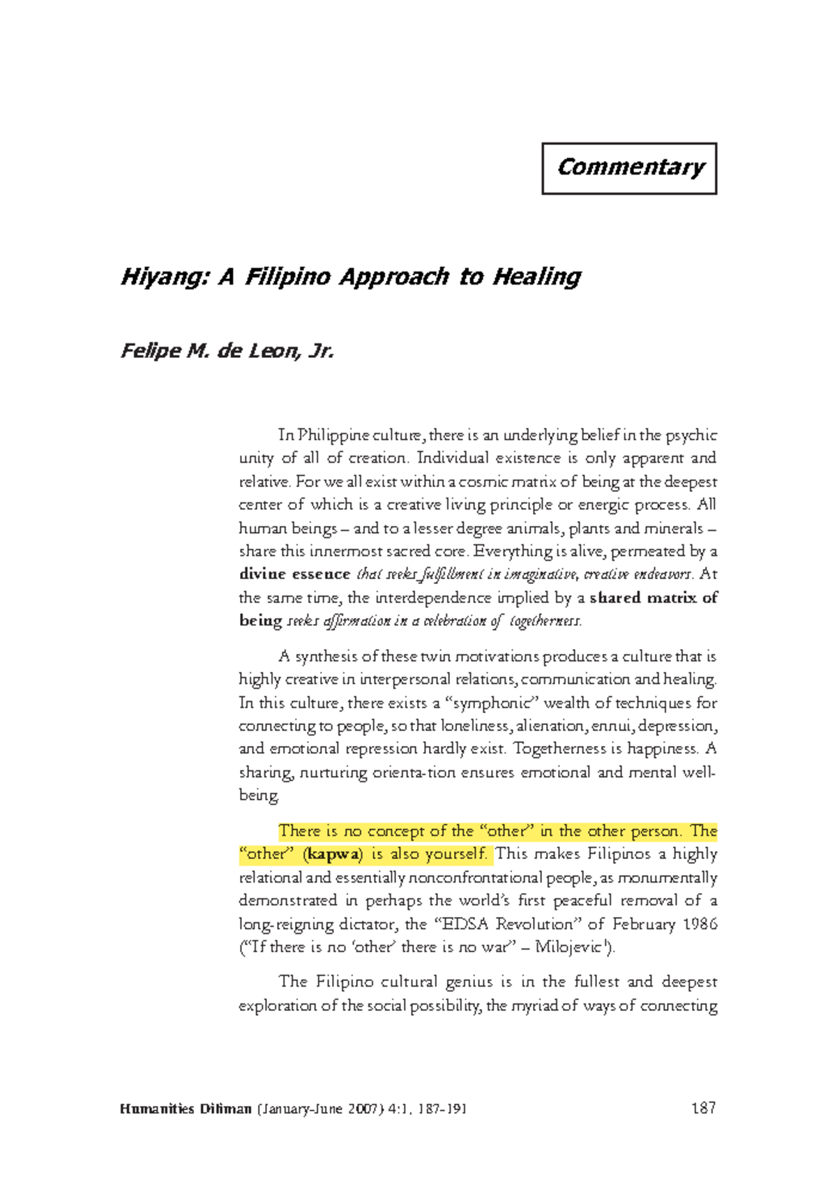 De Leon (2007) Commentary on Hiyang: Filipino Healing Approach - Studocu