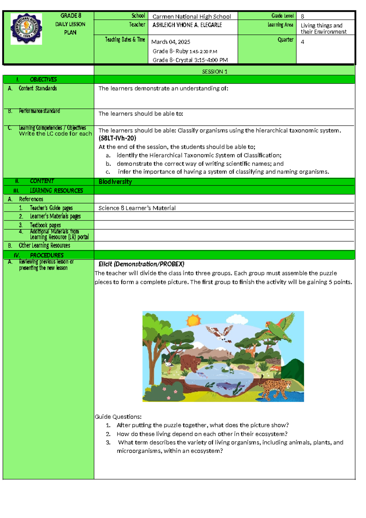 Grade 8 Daily Lesson Plan: Hierarchical Taxonomic Classification - Studocu