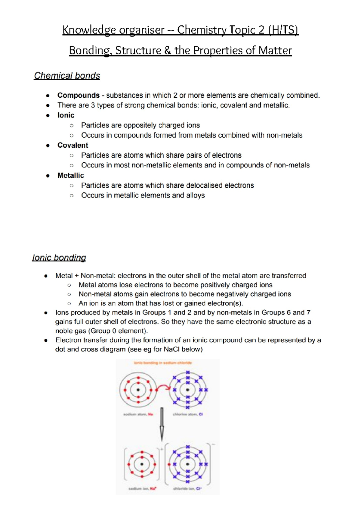 Chemistry Topic 2 (H/TS) - Bonding, Structure & Properties Overview ...