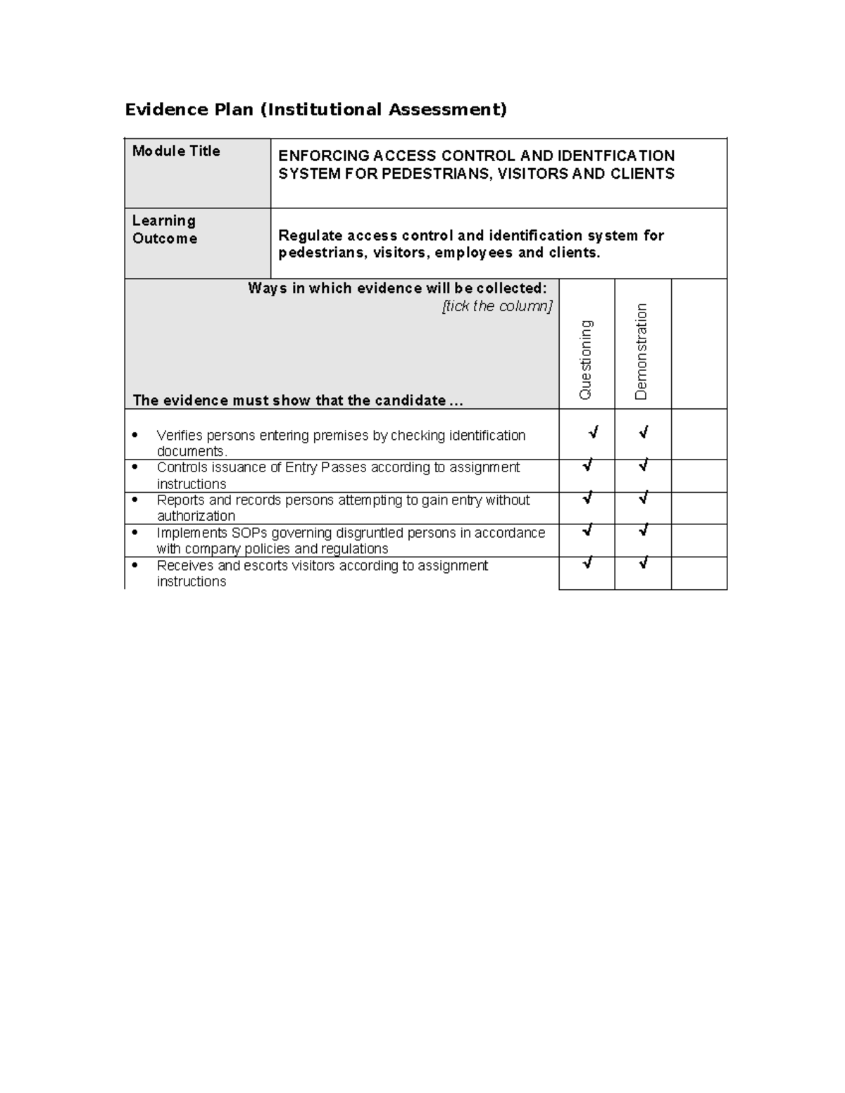 Evidence Plan for Access Control & Identification System (Security ...