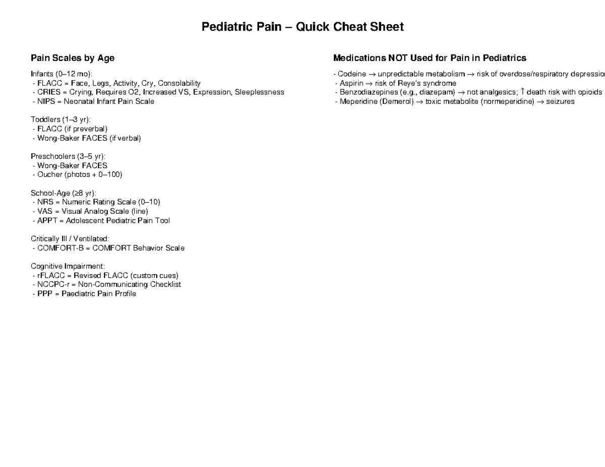 Pediatric Pain Cheat Sheet: Scales & Medications Overview - Studocu