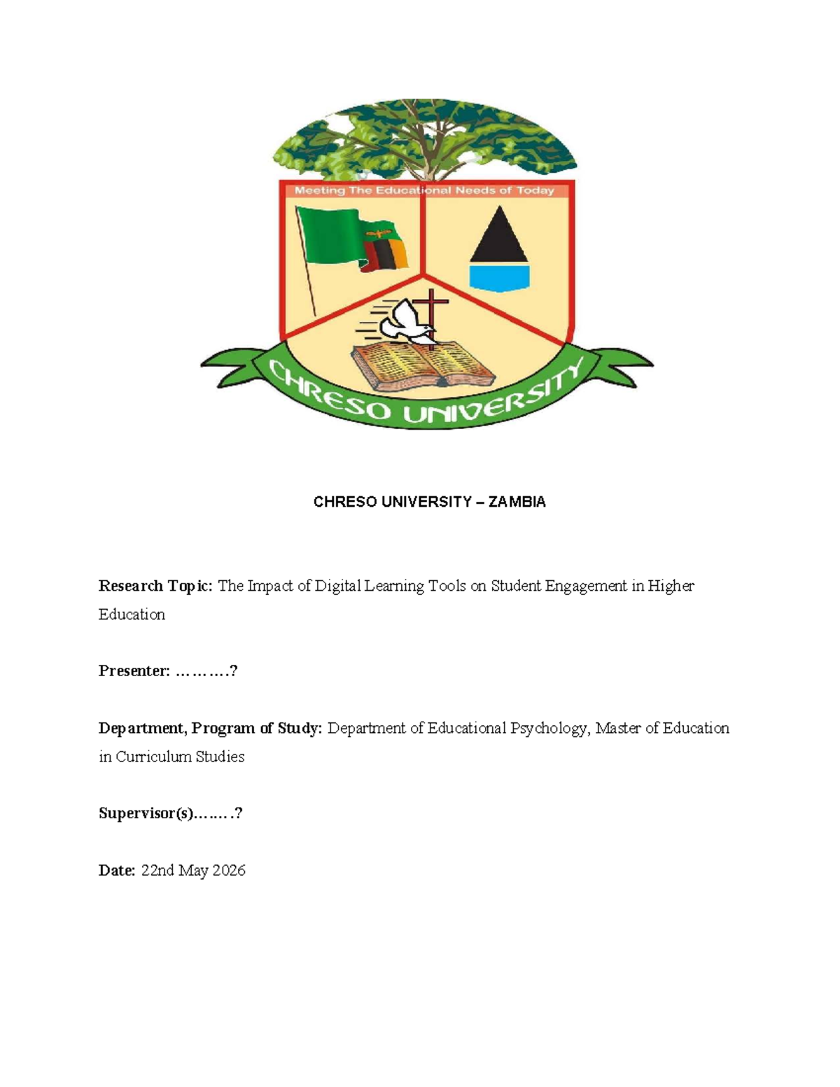 CHRESO UNIVERSITY ZAMBIA Research on Digital Learning Tools & Student ...