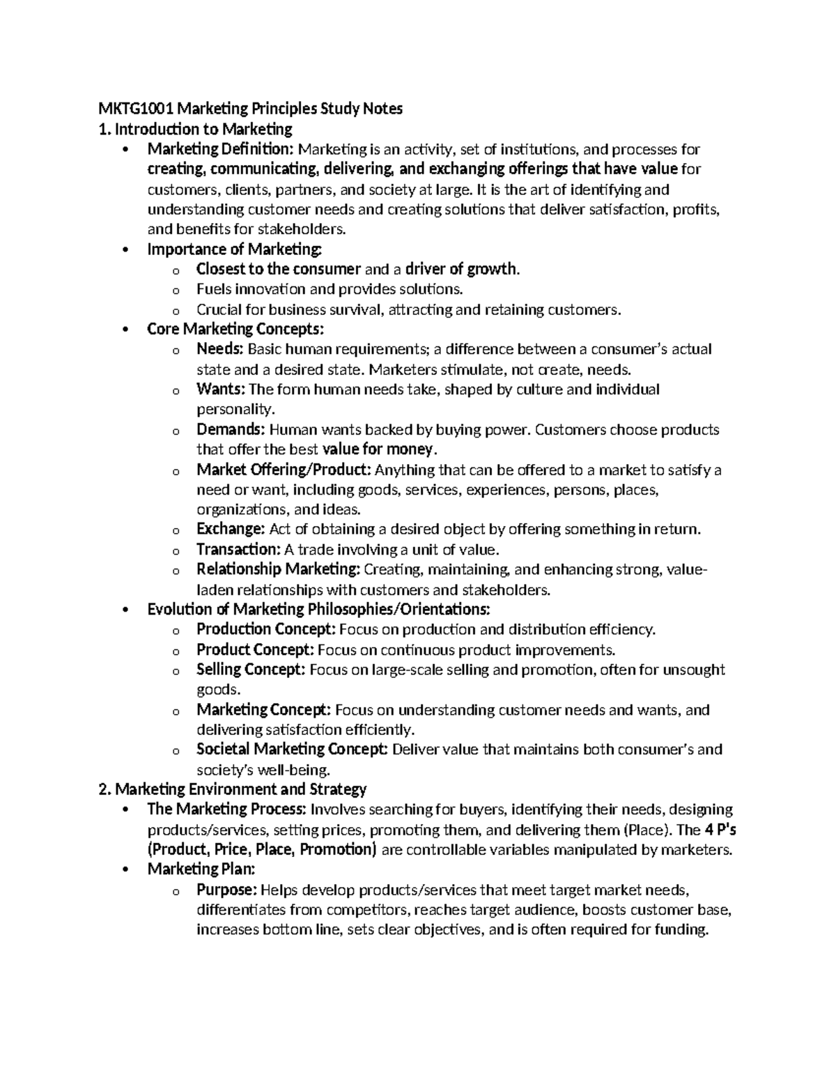 MKTG1001 Marketing Principles Study Notes: Key Concepts & Strategies ...