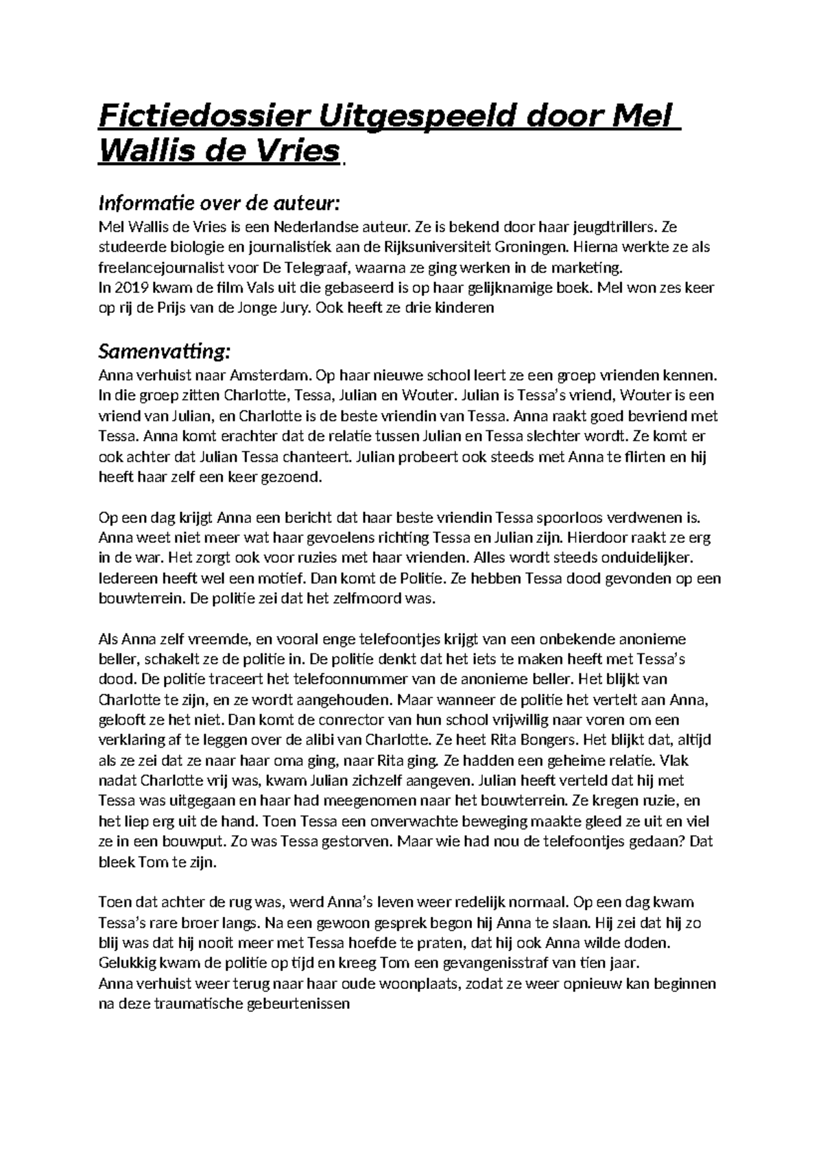 Fictiedossier - Boekverslag over Mel Wallis de Vries' Uitgespeeld ...