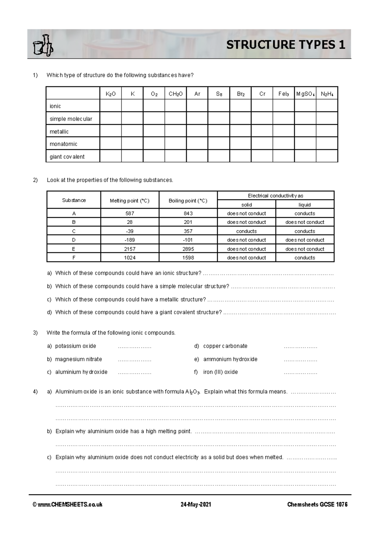 Chemsheets GCSE 1076: Structure Types and Properties Analysis - Studocu