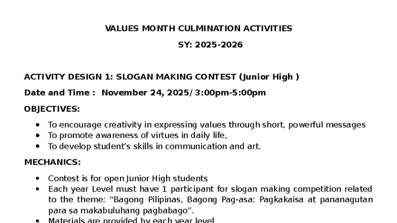 Final Activity Design for Values Month (VE- Culmination) - Studocu
