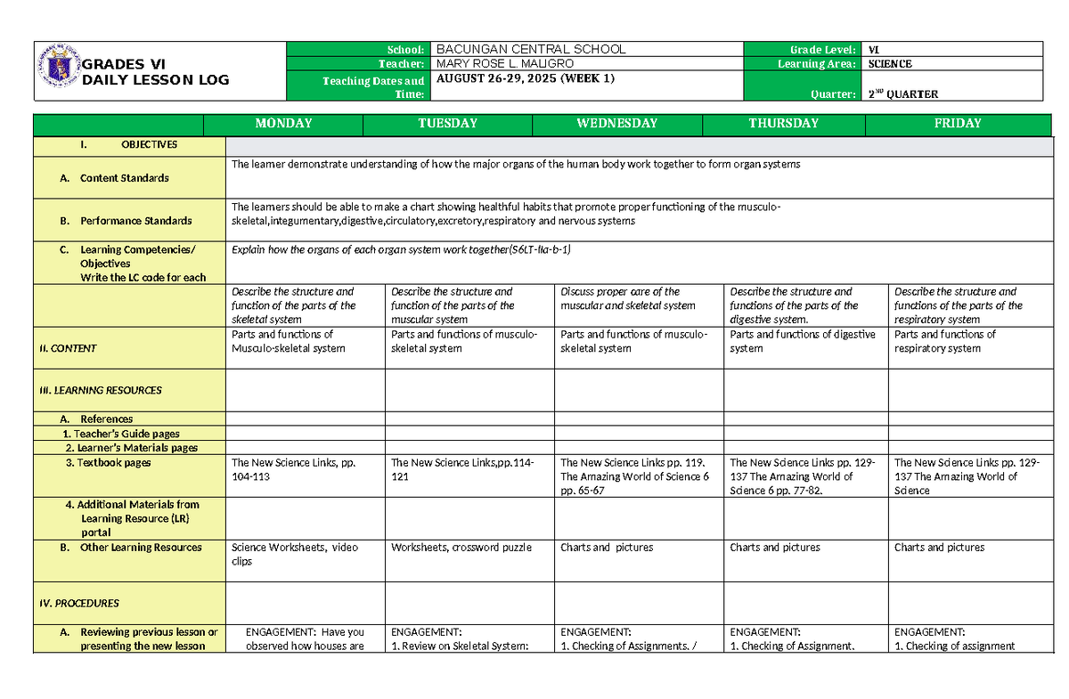 DLL Science 6 Q2 W1 - Daily Lesson Log for Human Body Systems - Studocu