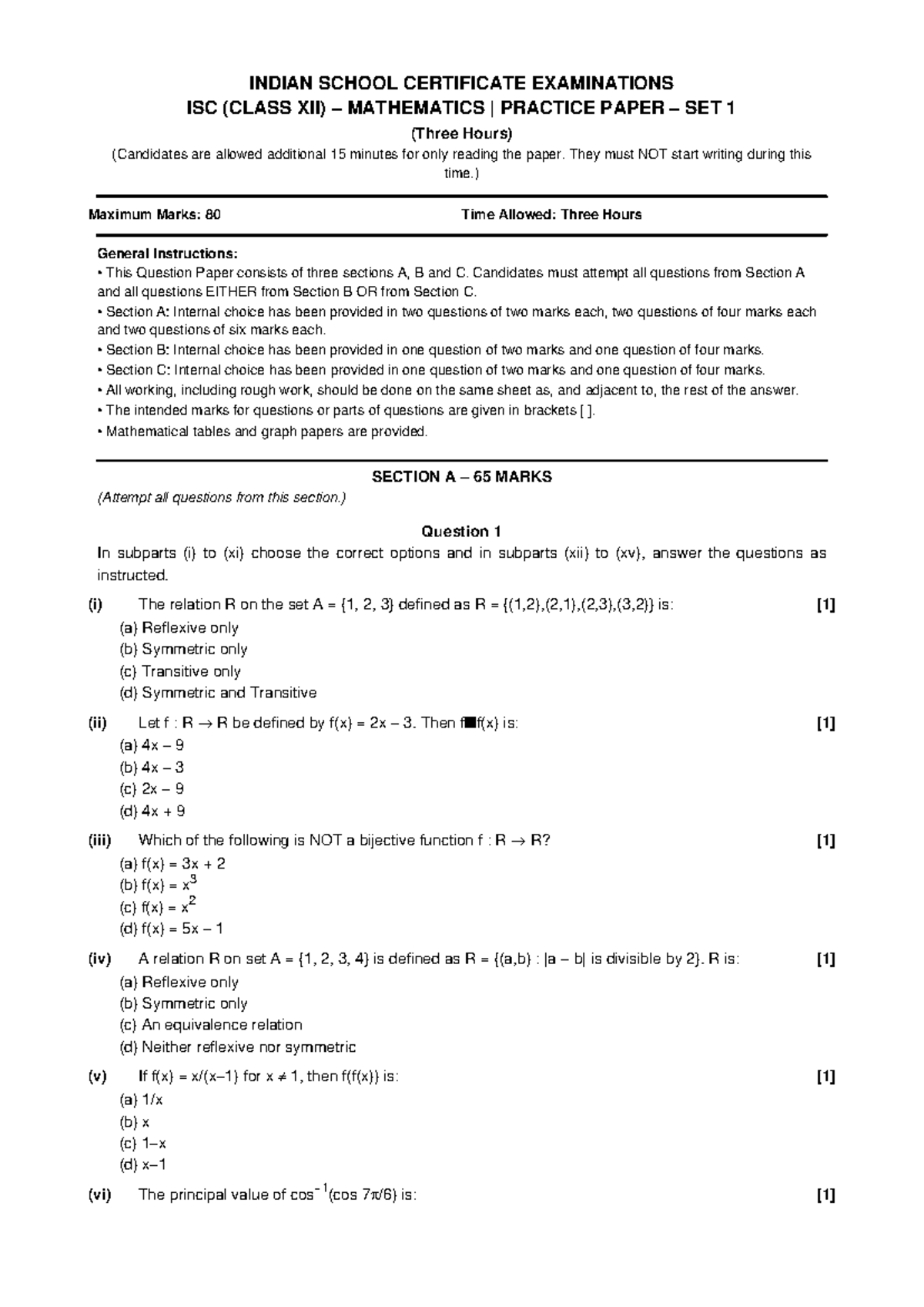 ISC (CLASS XII) MATHEMATICS PRACTICE PAPER SET 1 - Studocu