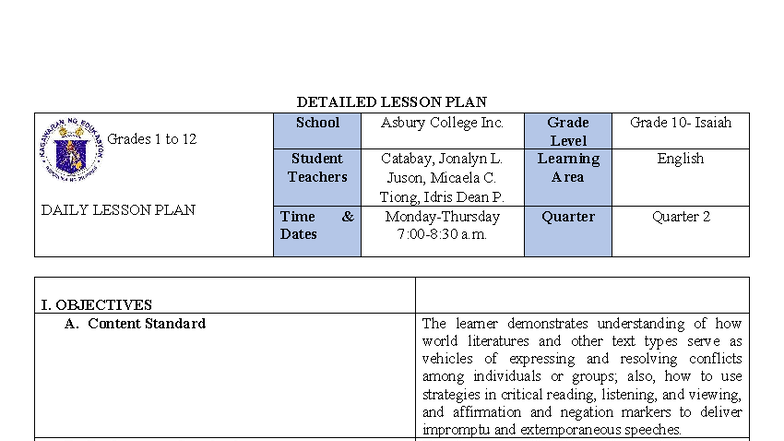 Final Demo Lesson Plan for English 10: Multimodal Texts - Studocu