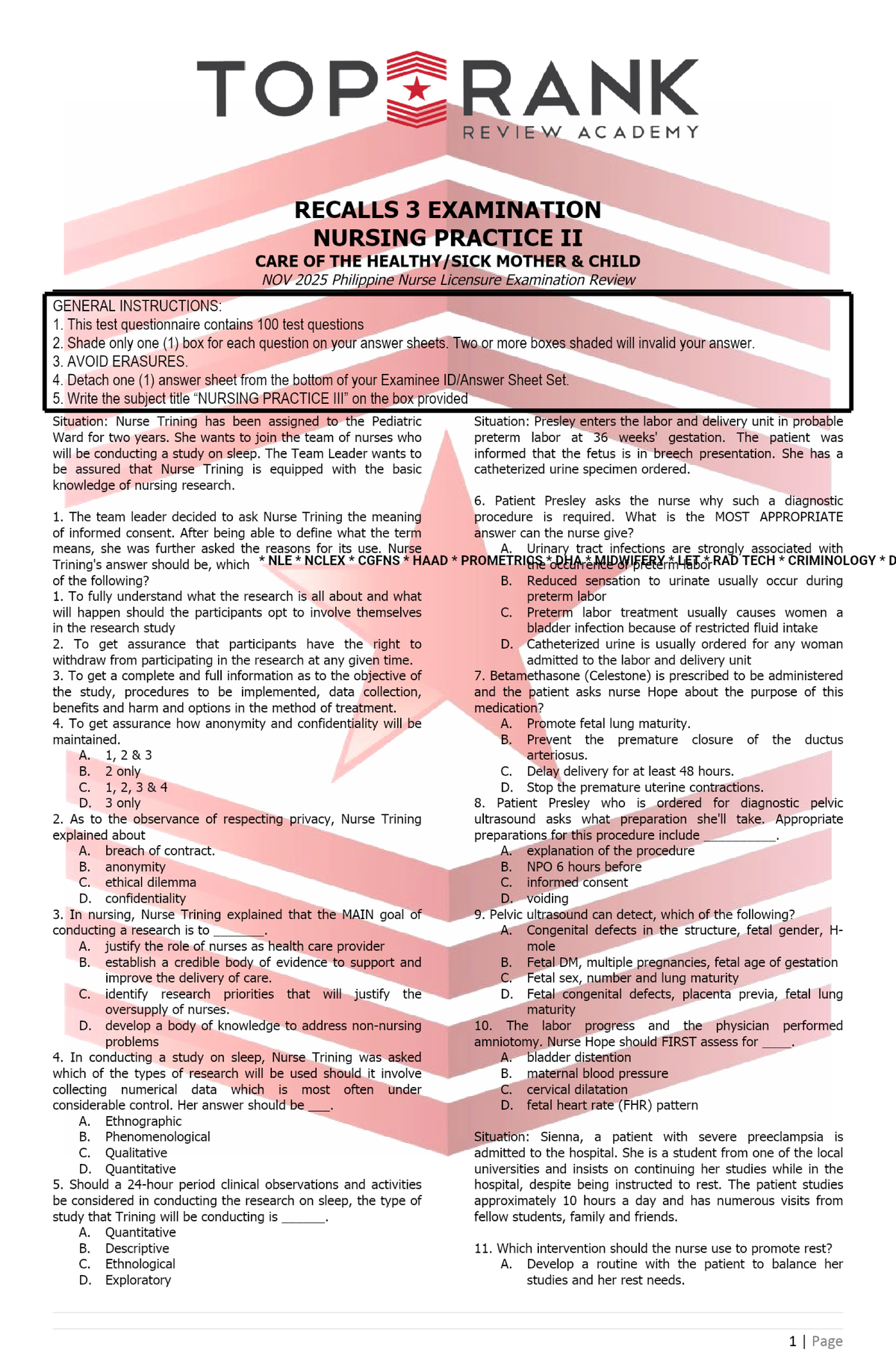 Recall 3-NP2: Nursing Practice II Examination Review for Mother-Child ...