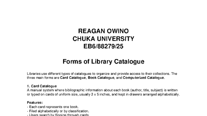 Forms of Library Catalogue: Card, Book, and Computerized Types - Studocu