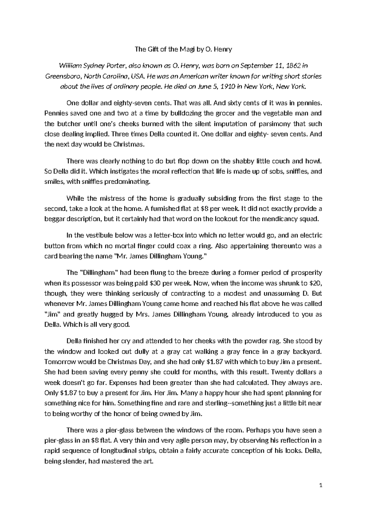 The Gift of the Magi: A Study Guide and Analysis - Studocu