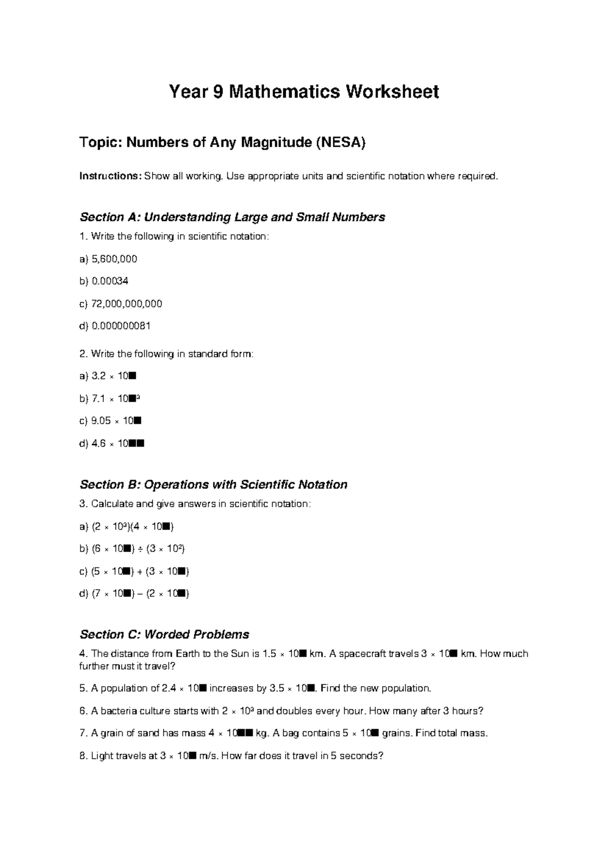 Year 9 Mathematics Worksheet: Numbers of Any Magnitude (NESA) - Studocu