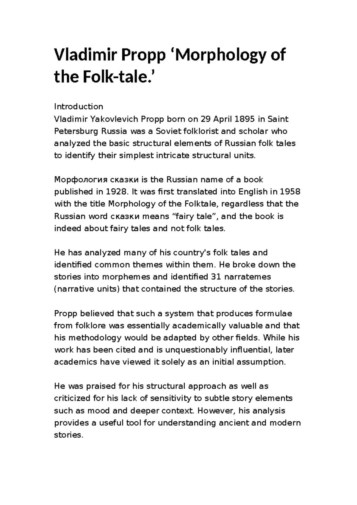 Vladimir Propp's Morphology of Folktales: Key Concepts & Analysis - Studocu