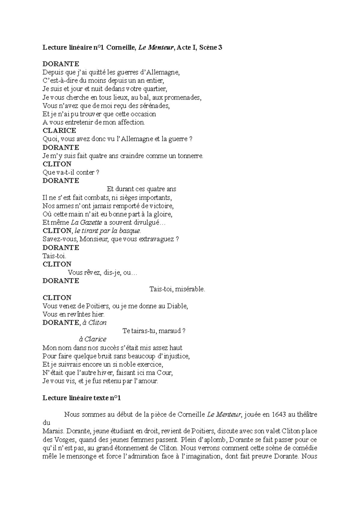 Lecture linéaire 1 - Le Menteur de Corneille, Acte I, Scène 3 - Studocu