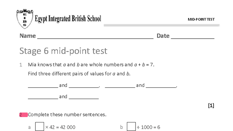CAMBRIDGE PRIMARY MATHEMATICS STAGE 6 TEST 1 - MIDPOINT ASSESSMENT ...