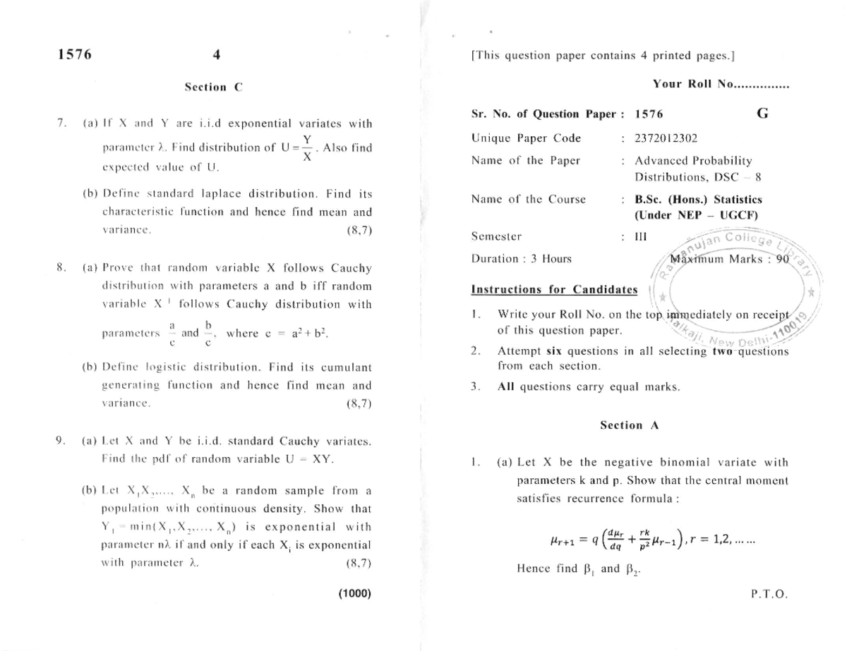 Advanced Probability Question Paper G: 2372012302 - B.Sc. (Hons ...