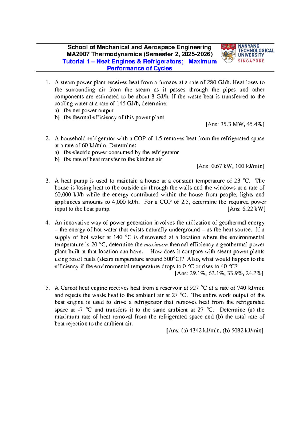 MA2007 Thermodynamics Semester 2 Tutorial 1: Heat Engines & Performance ...