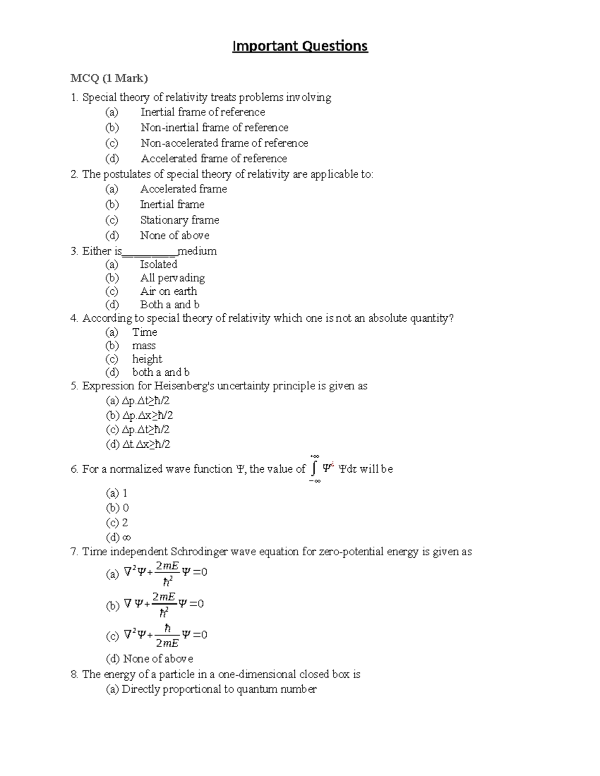 Important Questions MCQ & Short Answers for ME 45 Final Exam - Studocu