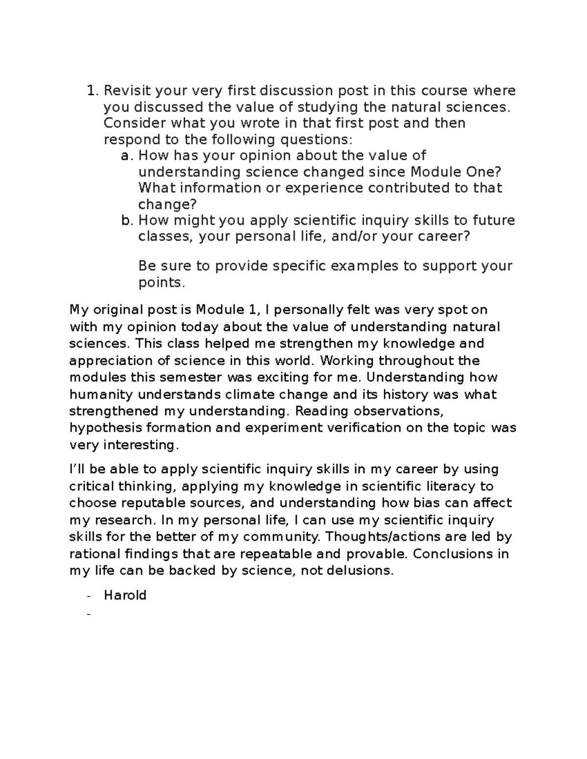 Discussion Mod 8 - 1. Revisit your very first discussion post in this ...