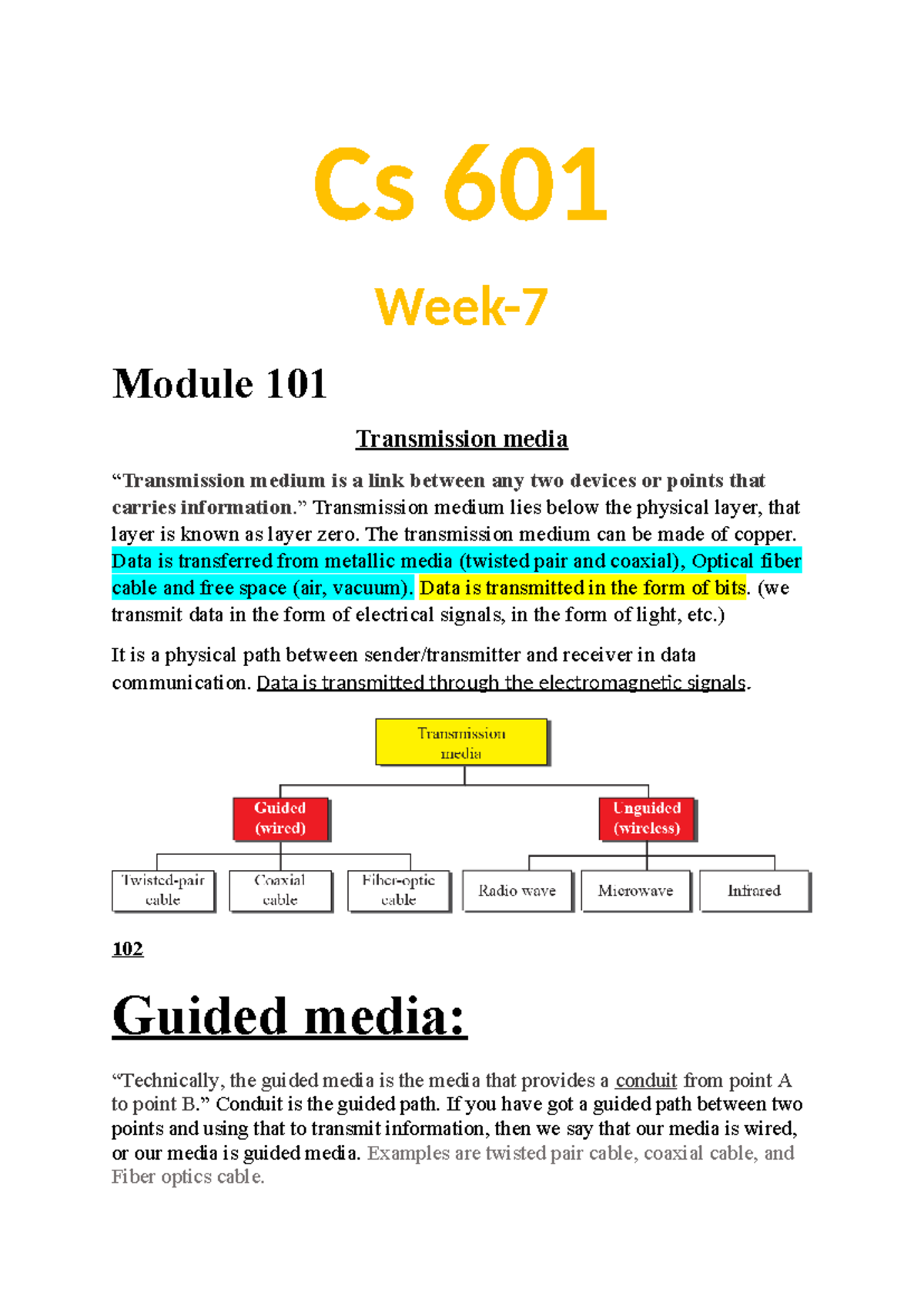Cs 601 Lecture Notes: Understanding Transmission and Switching Media ...