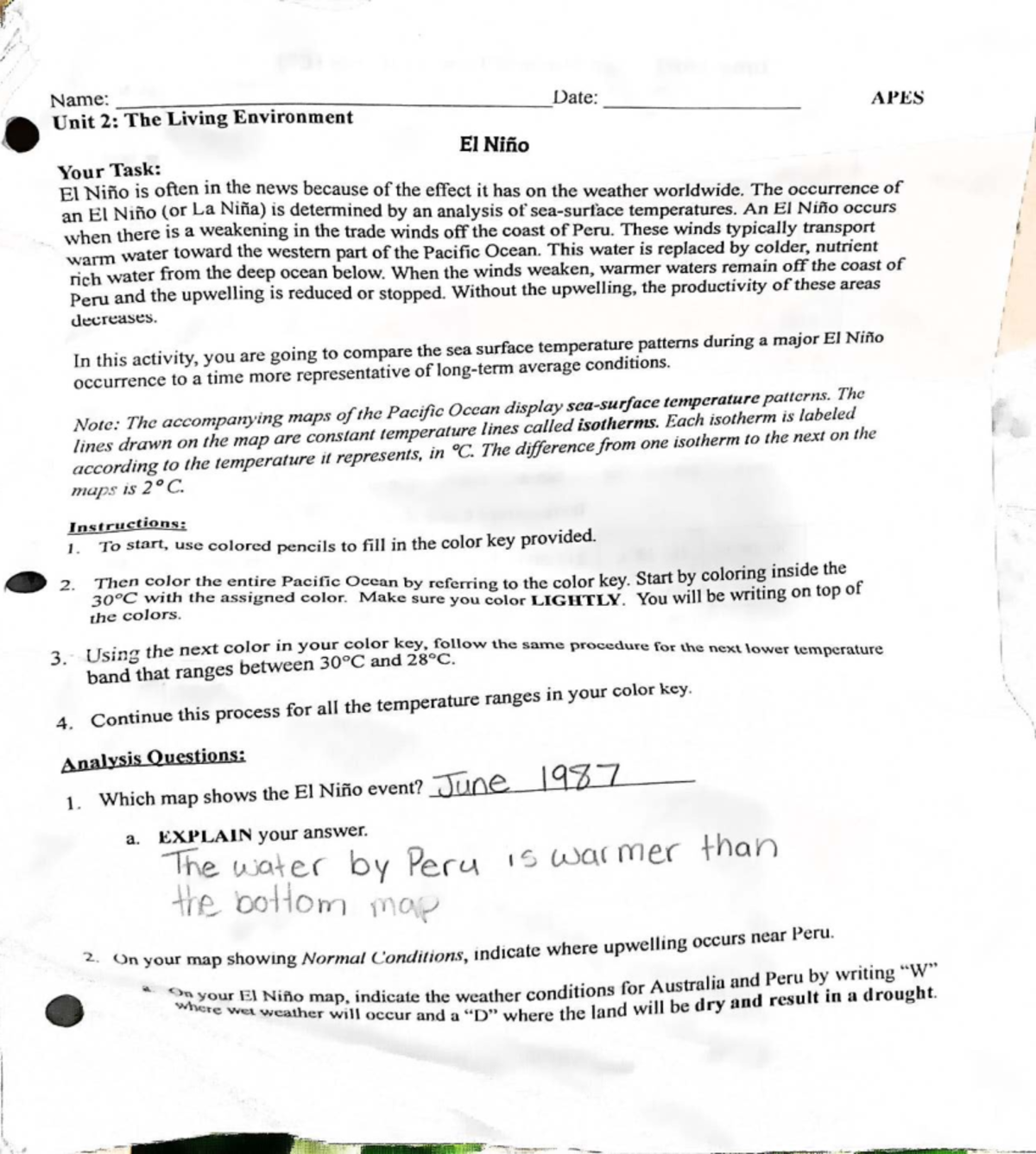 APES Unit 2: El Niño Assignment and Sea Surface Temperature Analysis ...