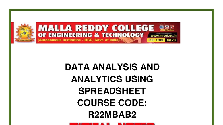 DATA ANALYSIS AND ANALYTICS USING SPREADSHEET - R22MBA31 Notes - Studocu