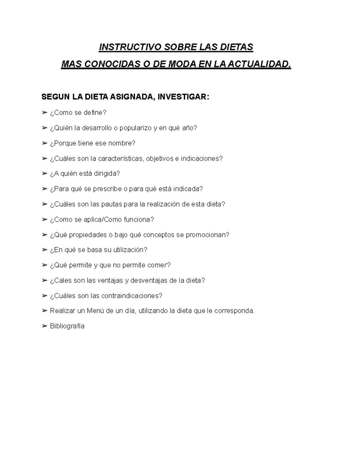 Instructivo sobre dietas populares: características y menú diario - Studocu