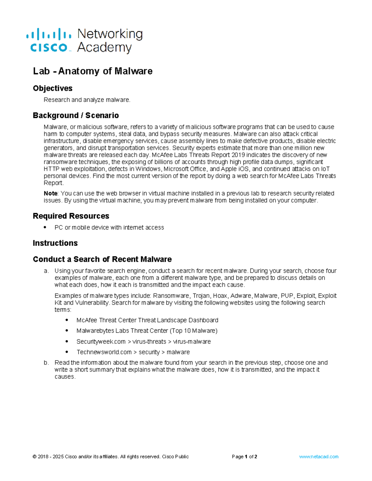 Lab 14.1.11: Anatomy of Malware - Research & Analysis Guide - Studocu