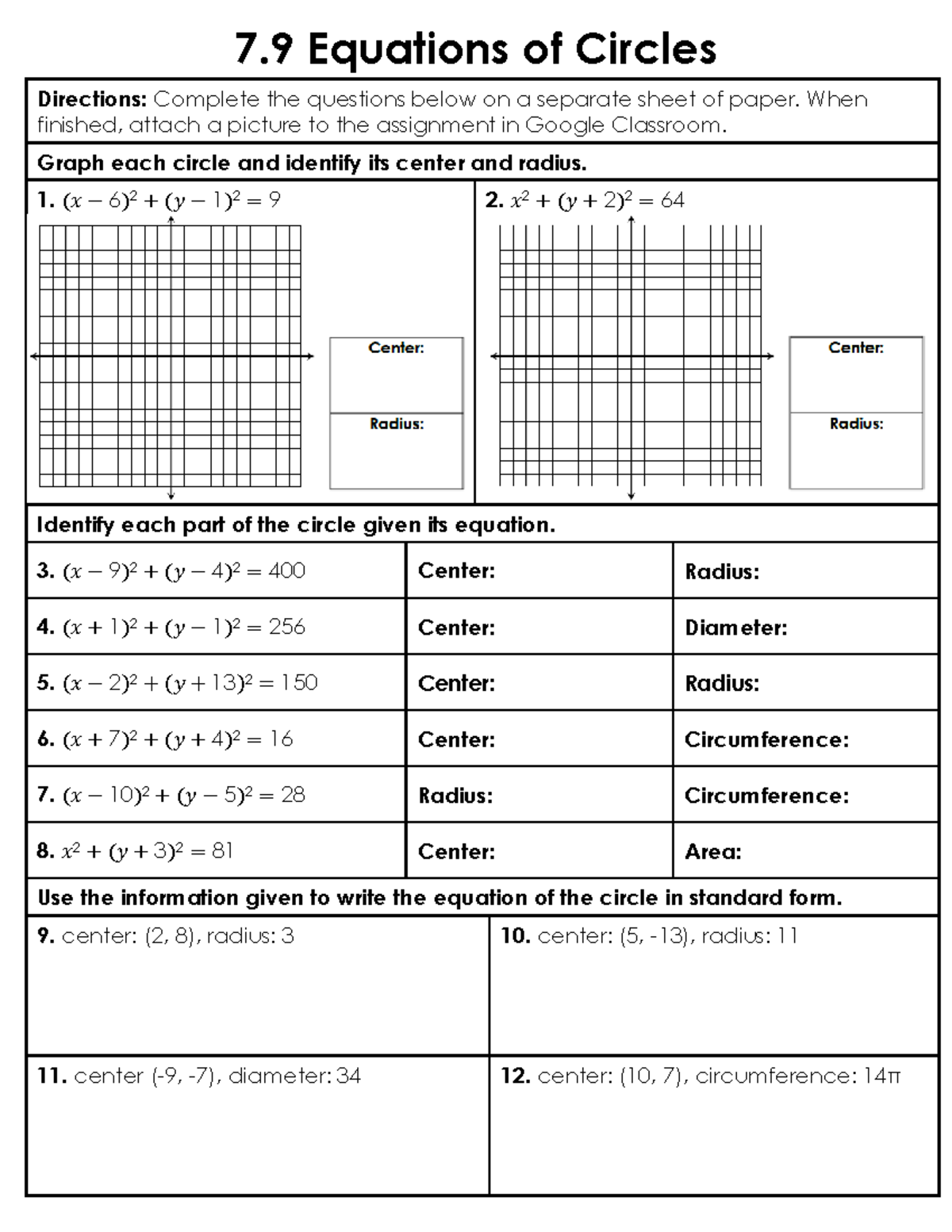 7.9 Equations of Circles - Practice Questions and Graphing Tasks - Studocu