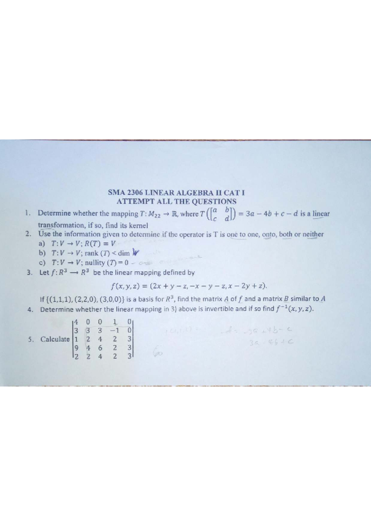 SMA 2306 Linear Algebra II CAT I Exam Questions and Solutions - Studocu