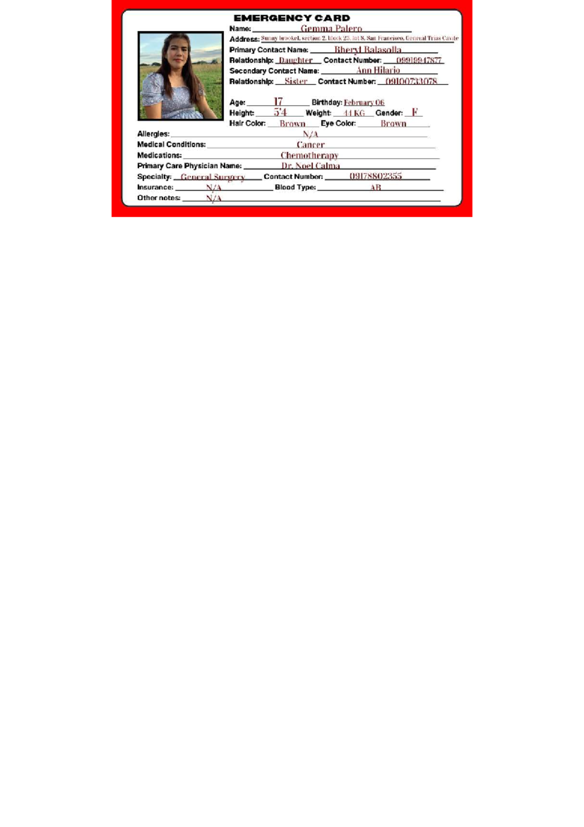 Emergency Card for Gemma Palero - Contact & Medical Info - Studocu