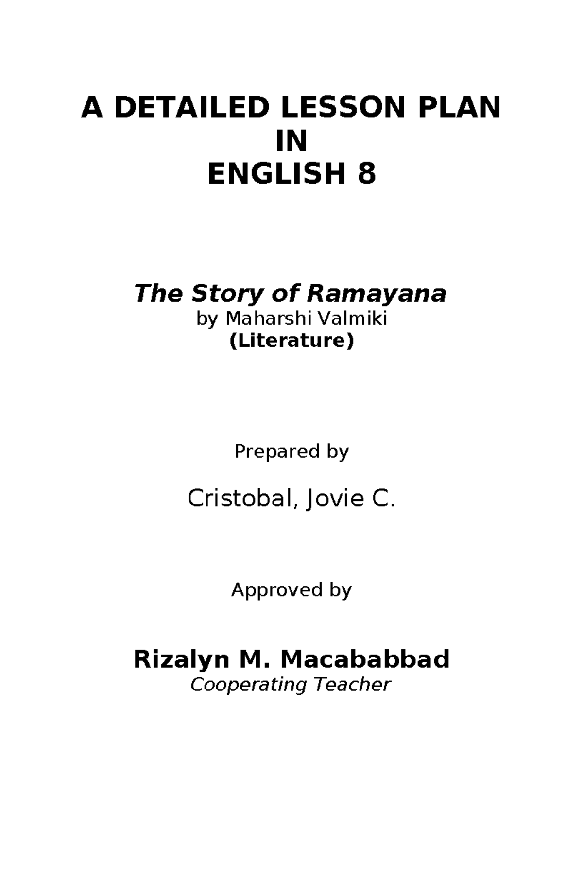 Detailed Lesson Plan for English 8: The Story of Ramayana - Studocu