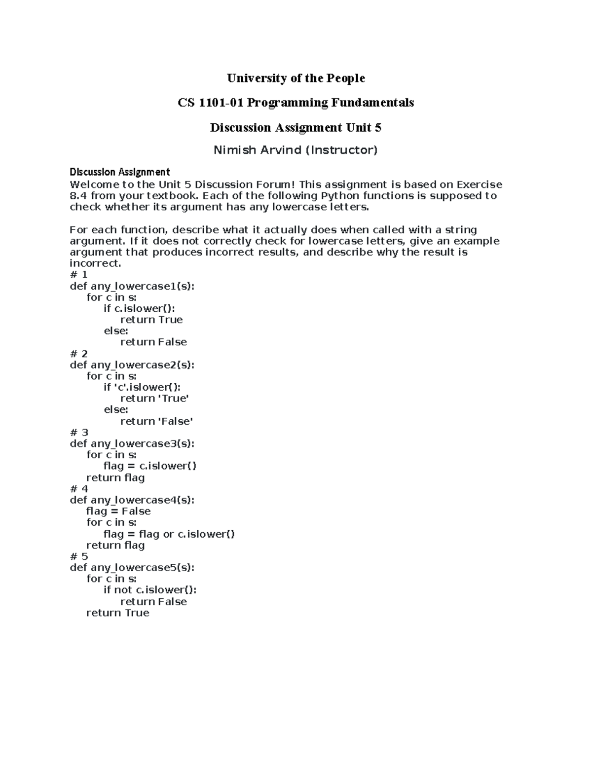 Discussion Assignment Unit 5 - University of the People CS 1101-01 Programming Fundamentals ...