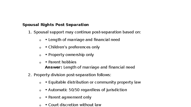 Spousal Rights and Support Post-Separation: Key Insights - Studocu