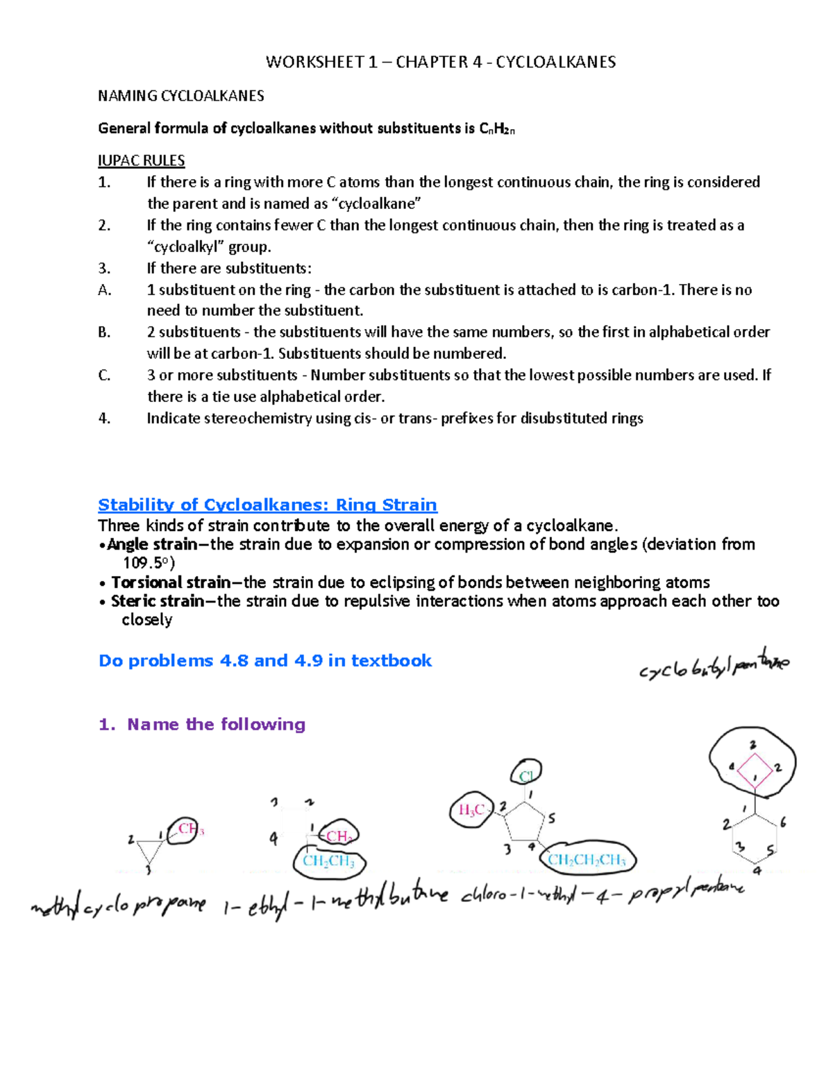 WS 1 - CH 4 - Cycloalkanes: Naming, Stability, and Isomerism - Studocu