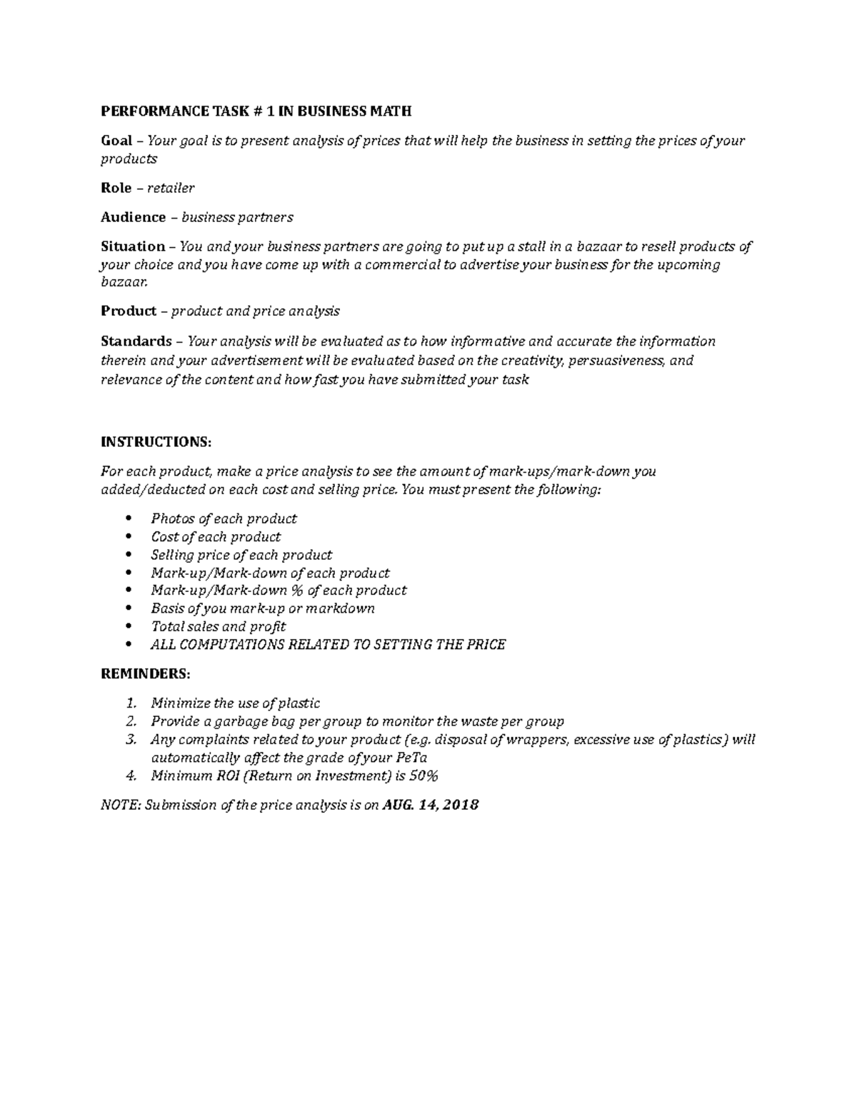 Business Math Performance Task #1: Price Analysis and ROI - Studocu
