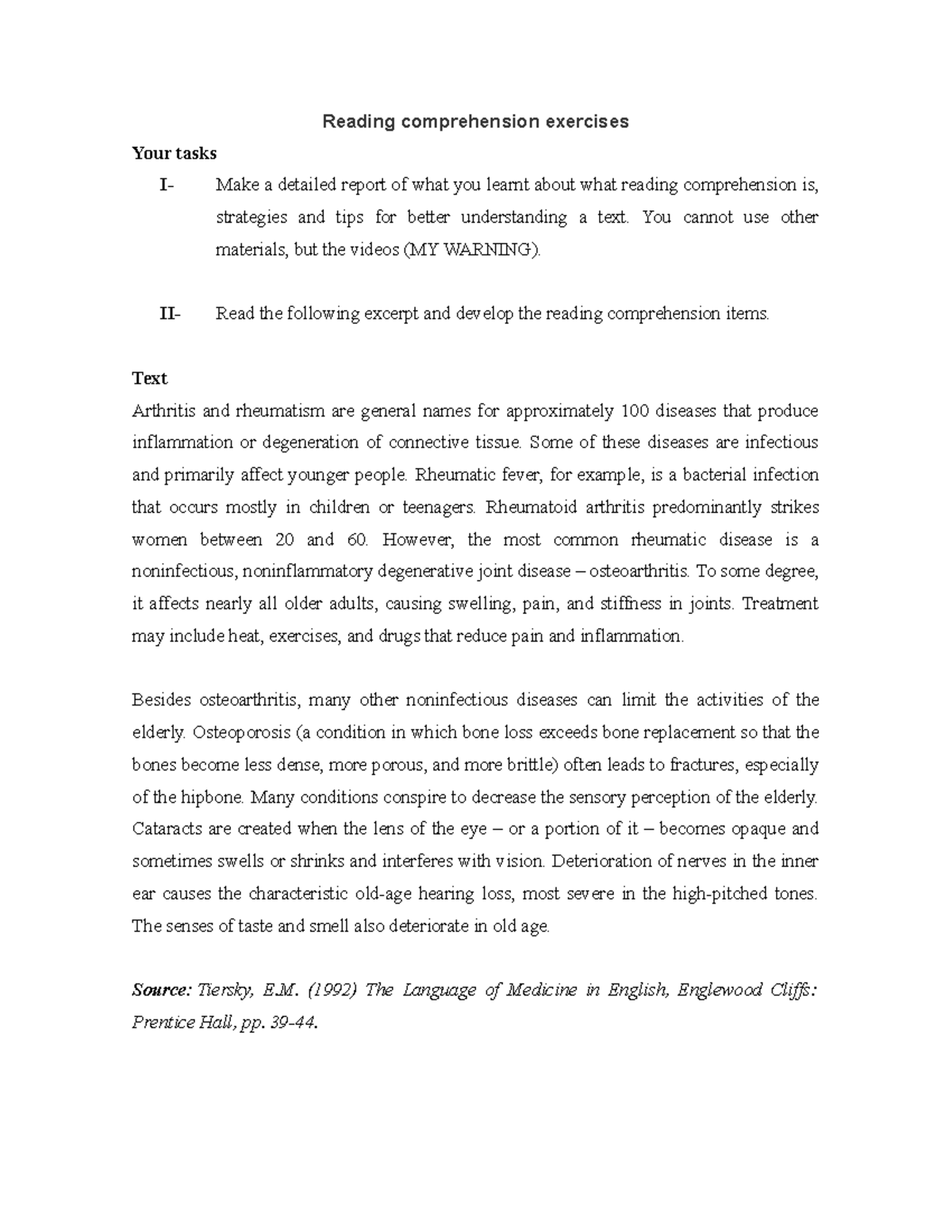 Reading Comprehension Exercises - Unit 2: Understanding Arthritis and ...